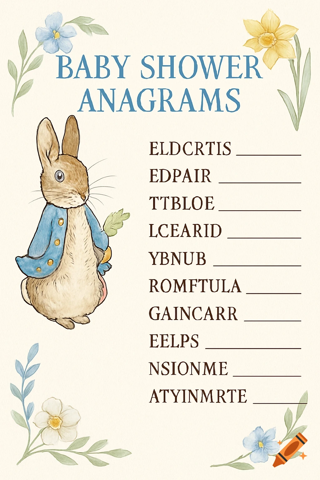 Watercolor illustration of a baby shower anagram game with Peter Rabbit ...