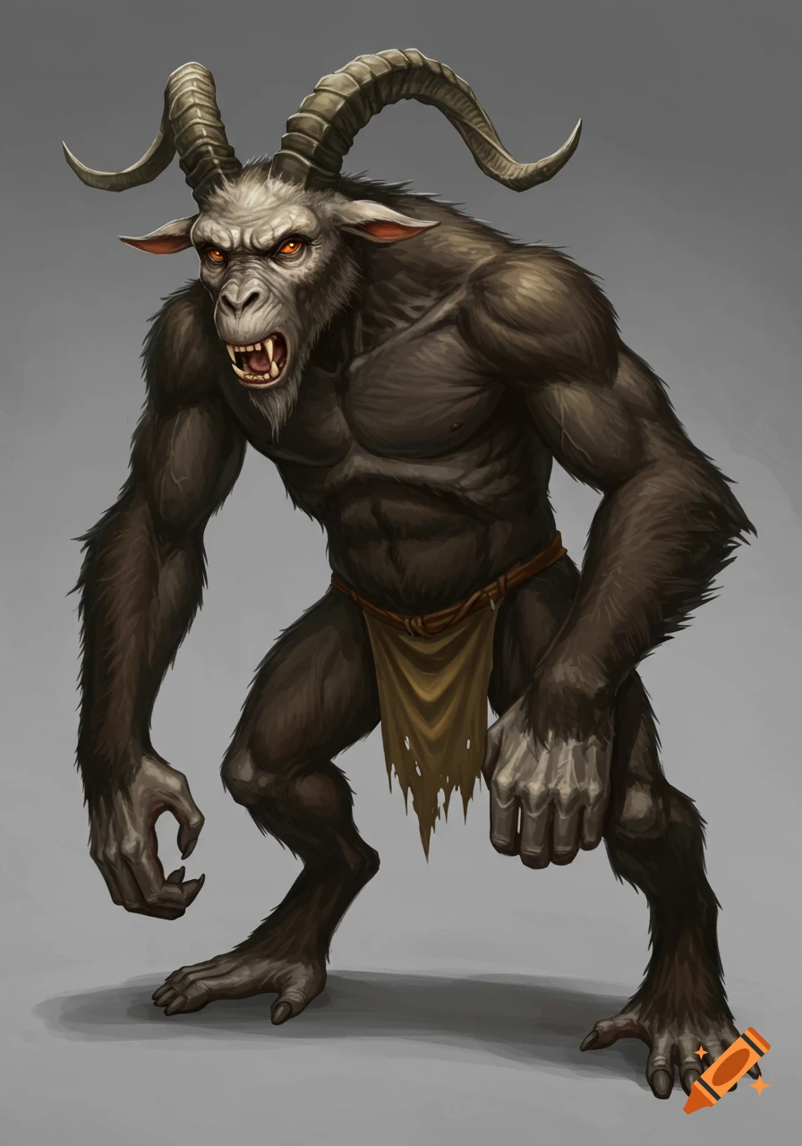 Muscular goat-chimpanzee fantasy creature standing upright on Craiyon