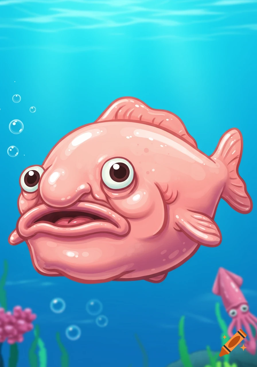 A cartoon pink blobfish floats underwater, with bubbles and a small ...