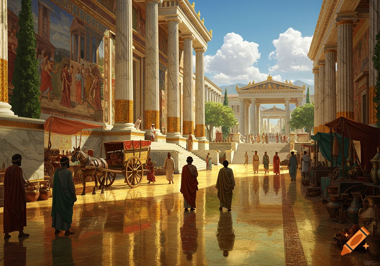 An ancient city street scene with grand columns, buildings, people ...