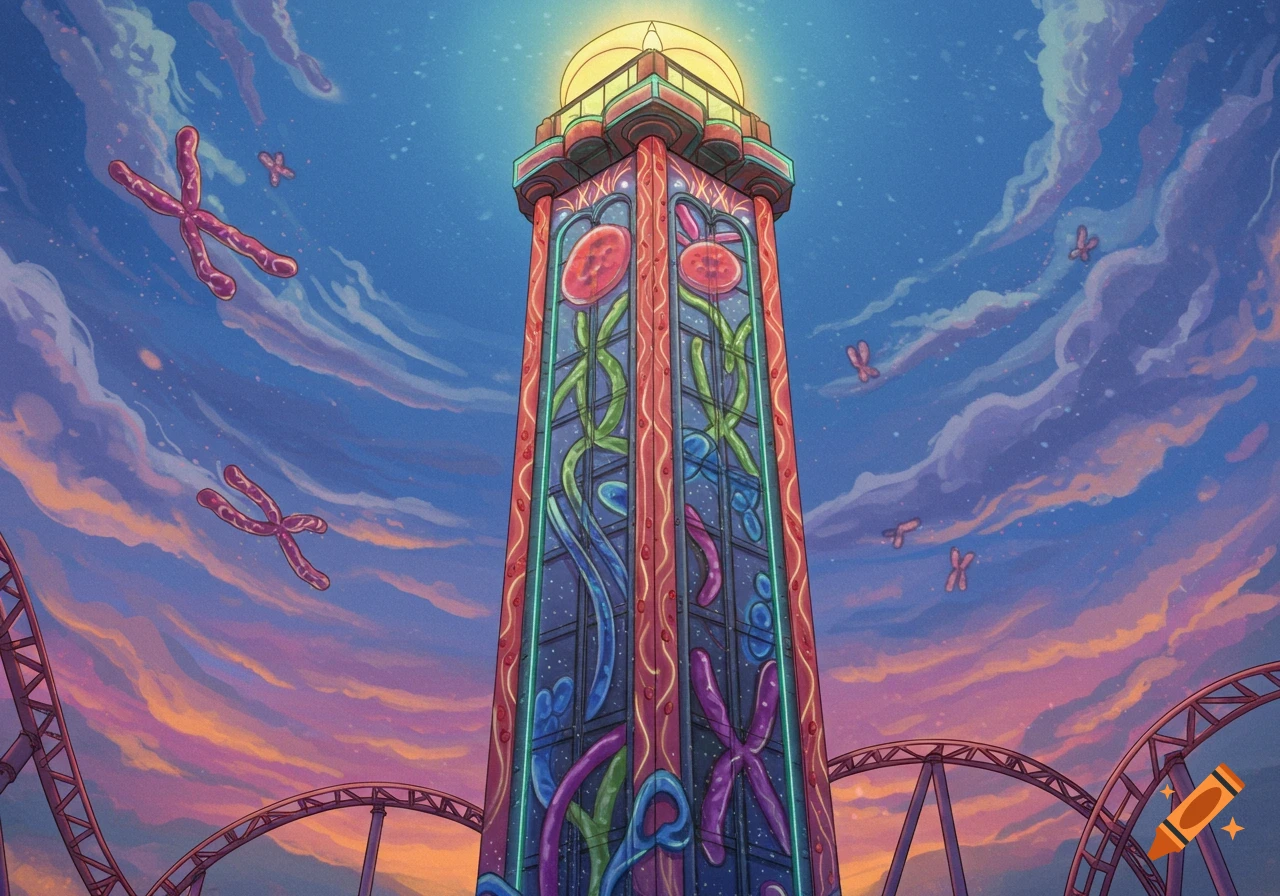 An illustrative amusement park tower decorated with biological shapes ...