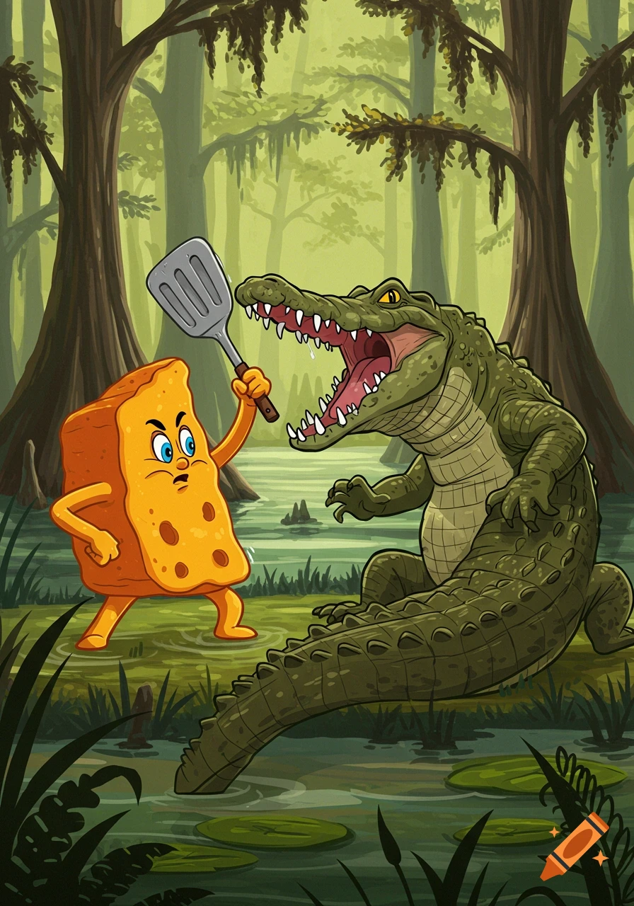 Cartoon cheese character fighting an alligator in a swamp. on Craiyon