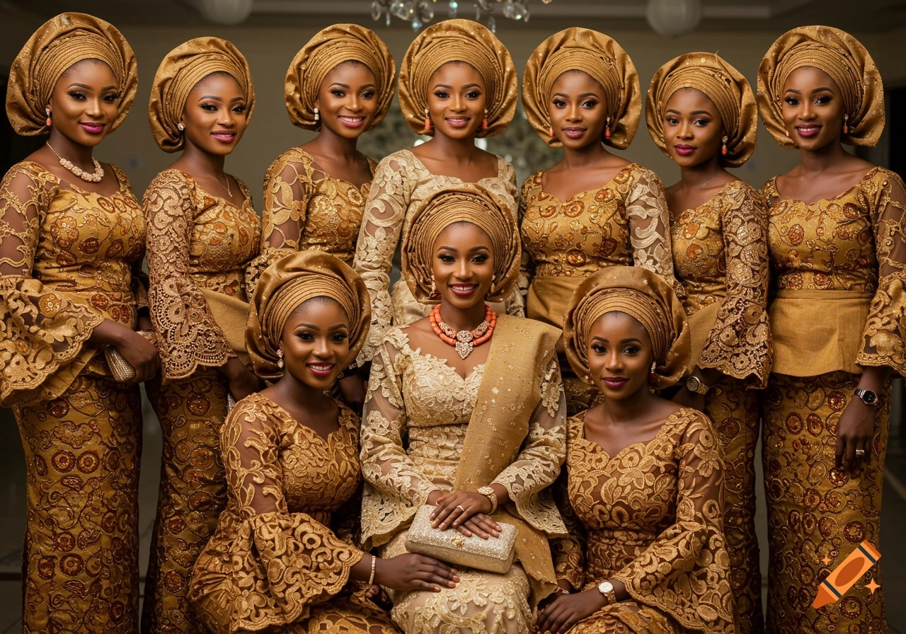 Group of Nigerian women in traditional gold lace attire (aso ebi) at a wedding photoshoot on Craiyon