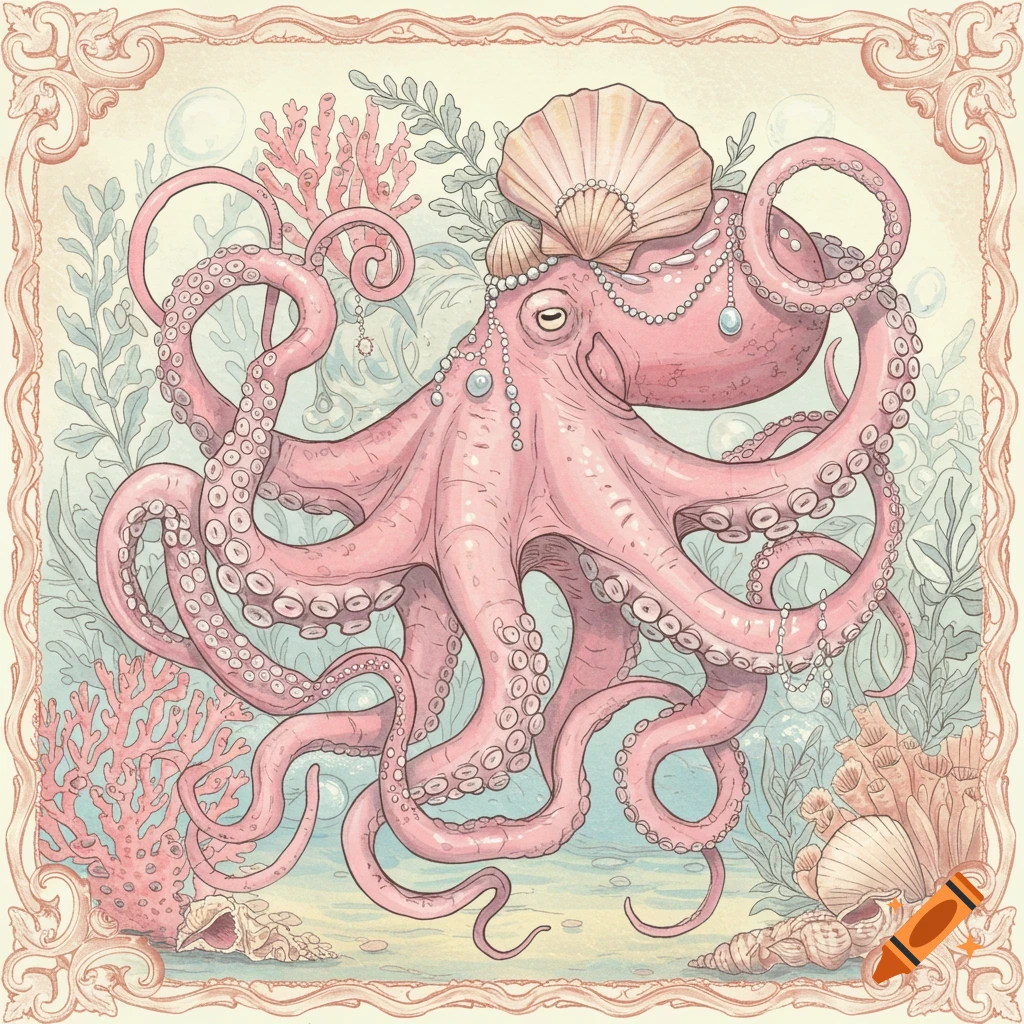 A pink octopus wearing a seashell hat and pearls in a rococo style ...