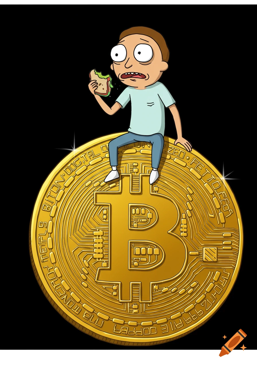 Morty from Rick and Morty sits on a giant golden Bitcoin coin eating a ...