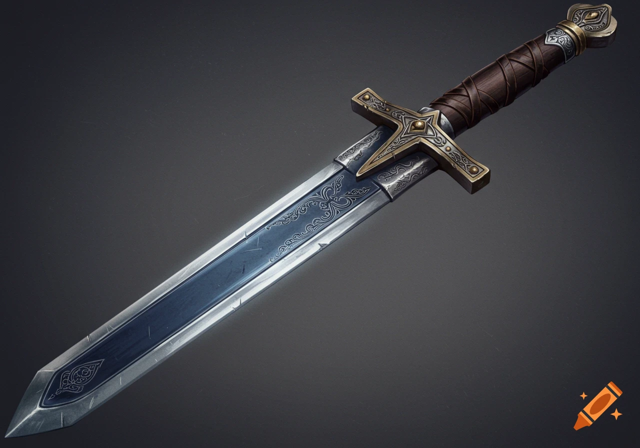 A detailed fantasy sword with a brown leather handle and decorative ...