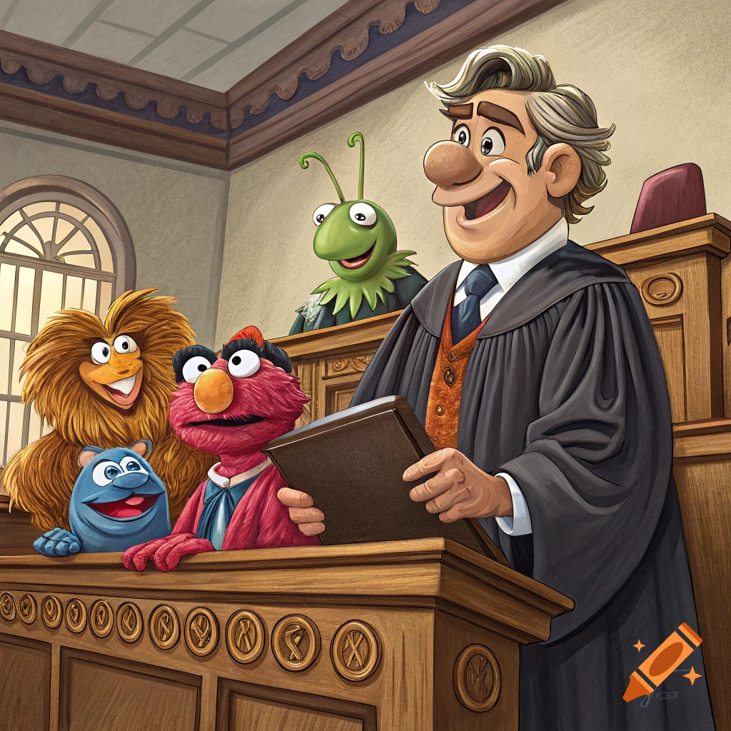 Cartoon art shows Muppet characters and a human judge in a courtroom ...