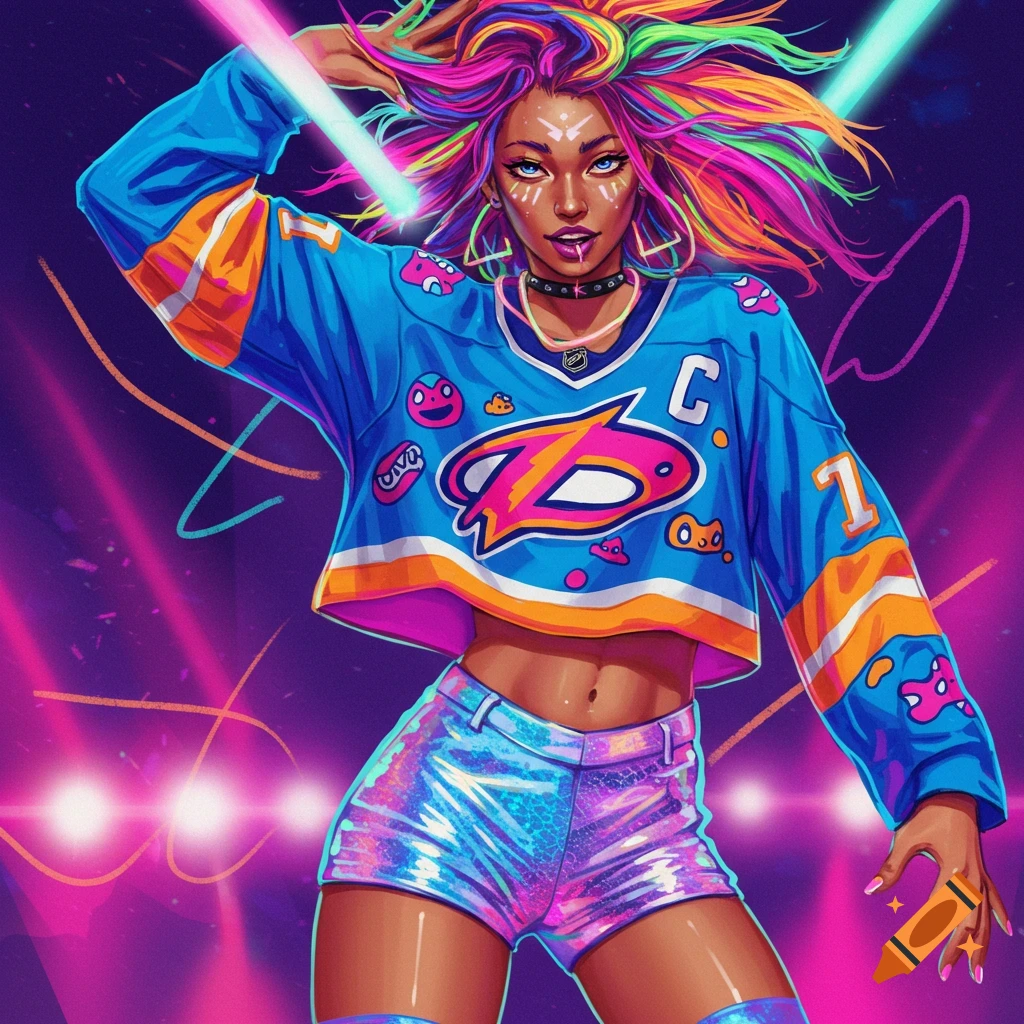 Woman in colorful hockey jersey crop top and shiny shorts at a rave on ...
