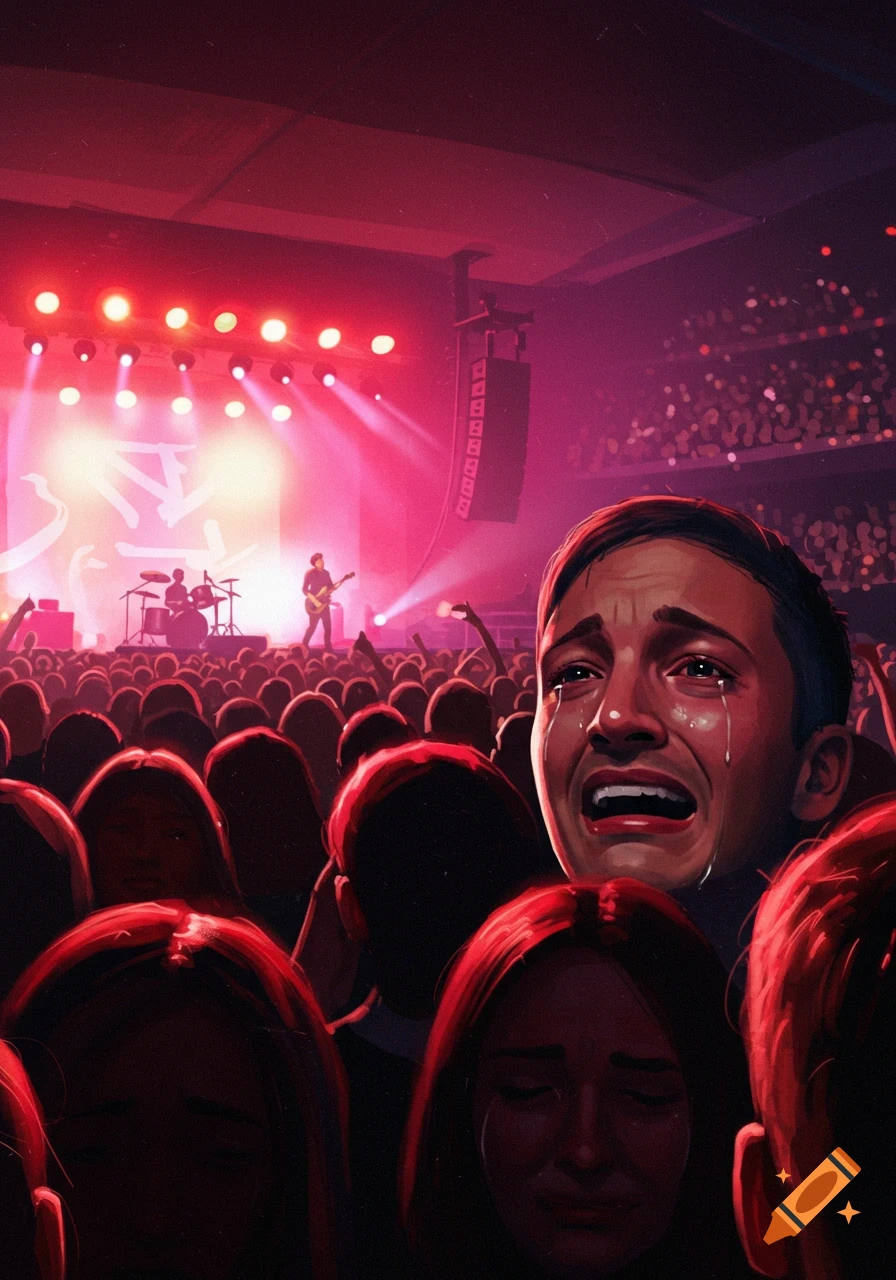 Person crying intensely in a crowd at a concert. on Craiyon