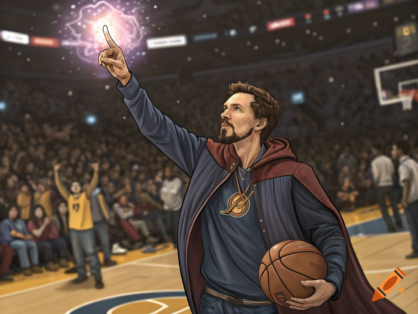 Illustration of a man in a cape holding a basketball and pointing up at ...