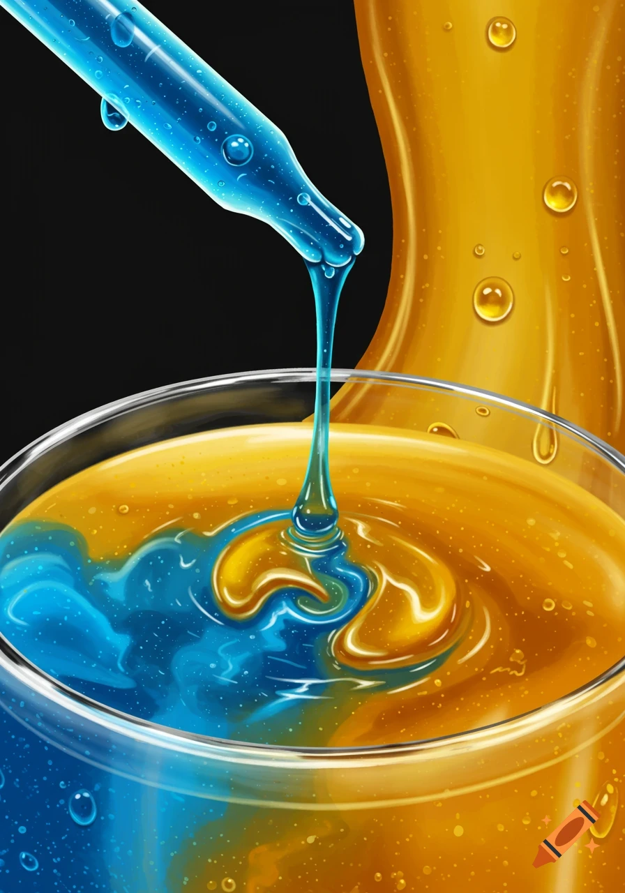 Close-up of blue liquid dripping from a dropper into swirling golden ...