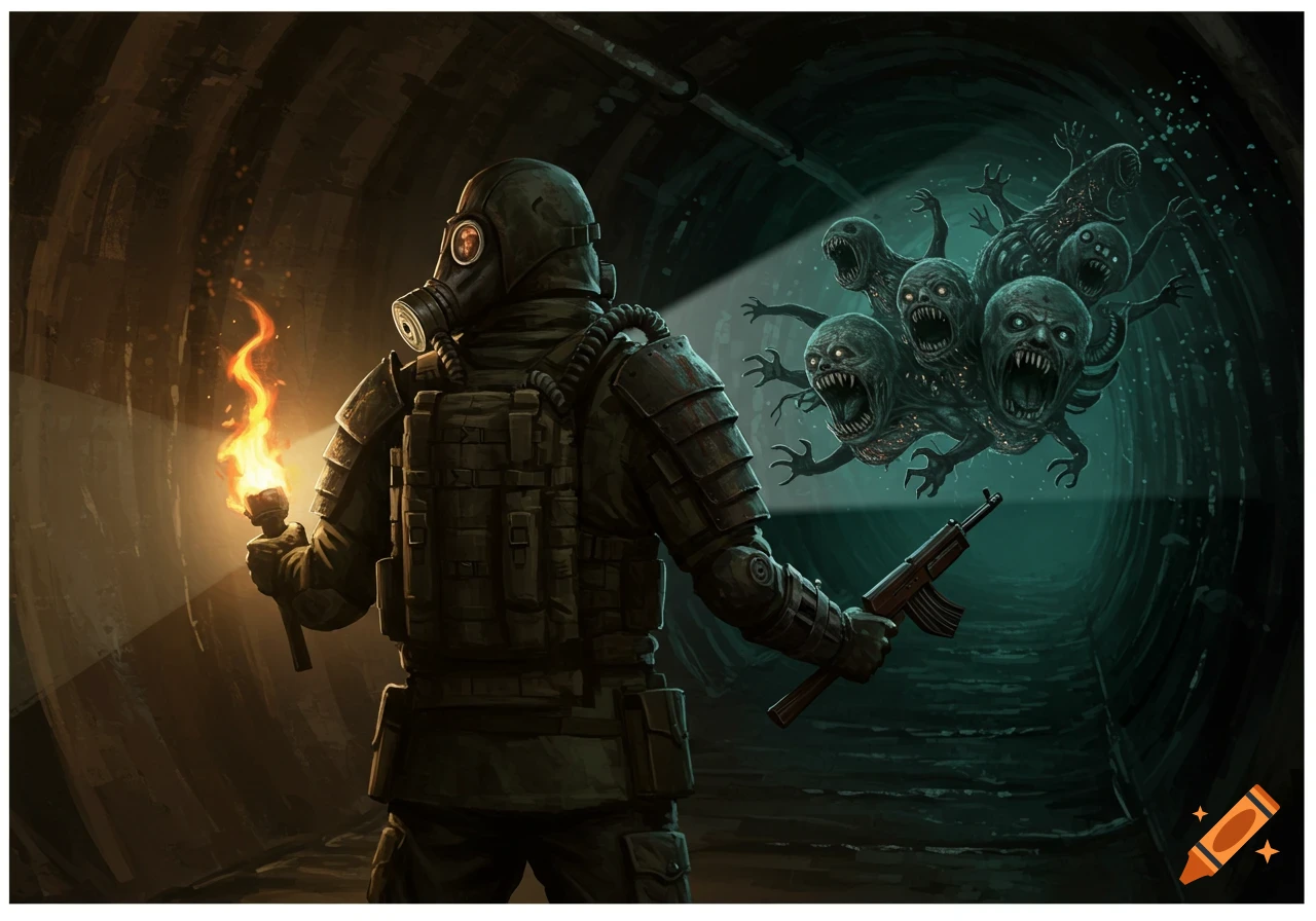 Figure in gas mask and armor confronts mutated monsters in a dark ...