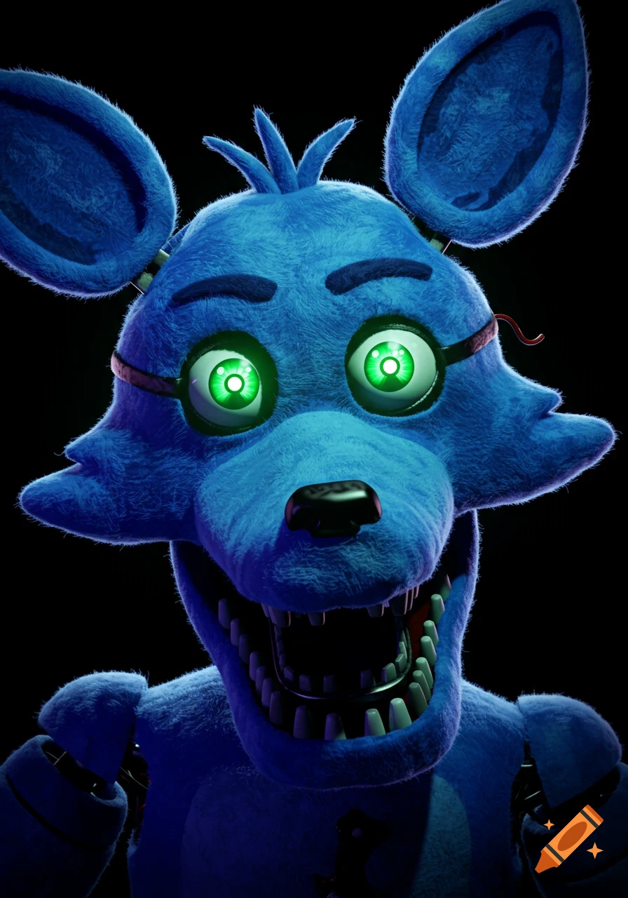 Close-up portrait of a blue animatronic fox with glowing green eyes and ...