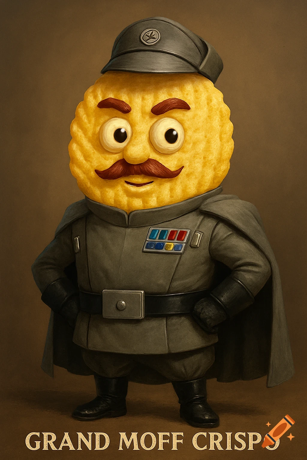 Cartoon potato chip with mustache wearing Grand Moff uniform, text ...