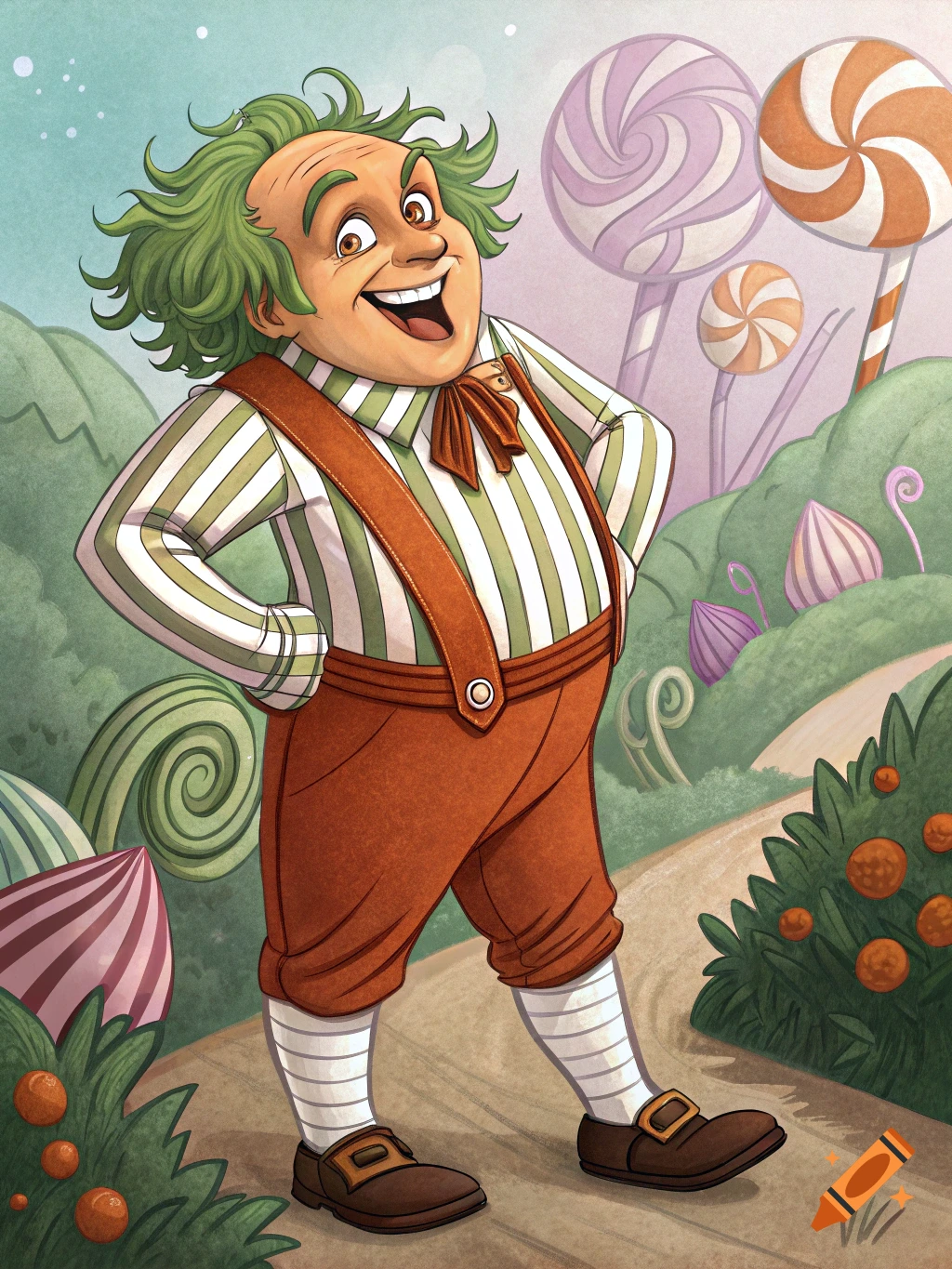 Cartoon Oompa Loompa character in a candy land scene on Craiyon