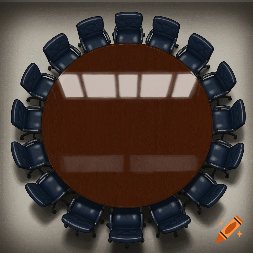 Top-down view of a round boardroom table surrounded by chairs on Craiyon