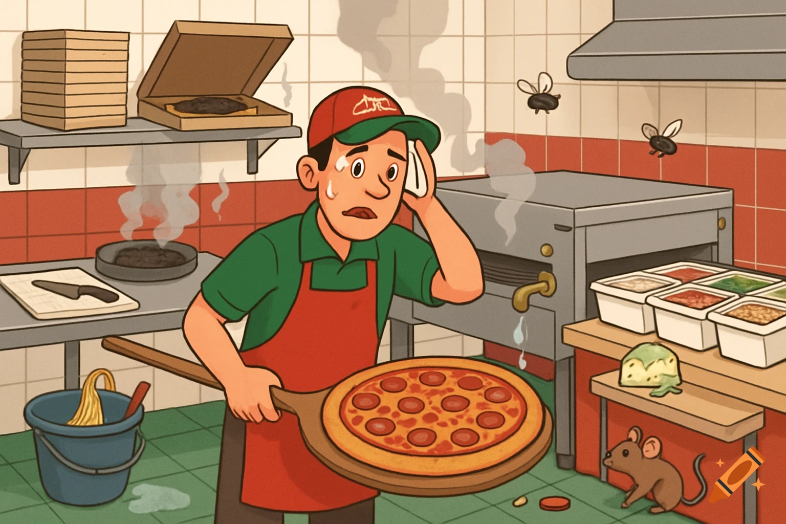 Cartoon pizza chef looks stressed in a dirty kitchen with food safety ...