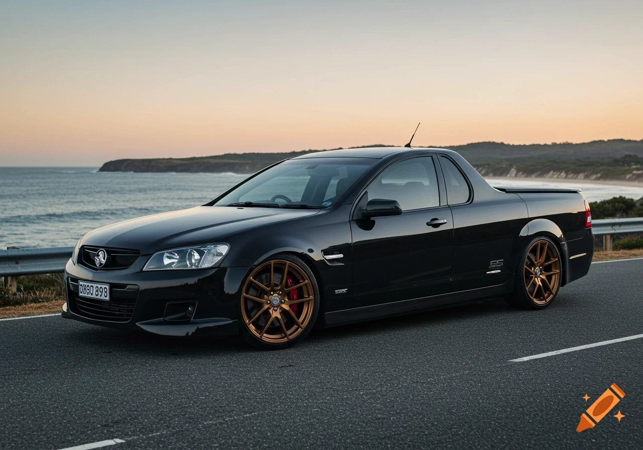 A black Holden Commodore Ute with bronze rims parked by the coast at ...