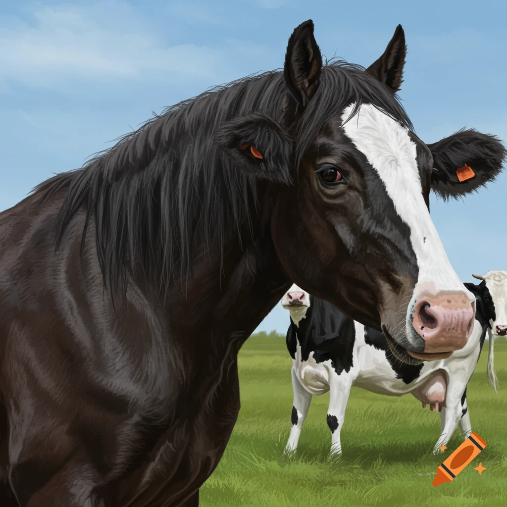 A horse-like creature with cow markings stands in a field with cows. on ...