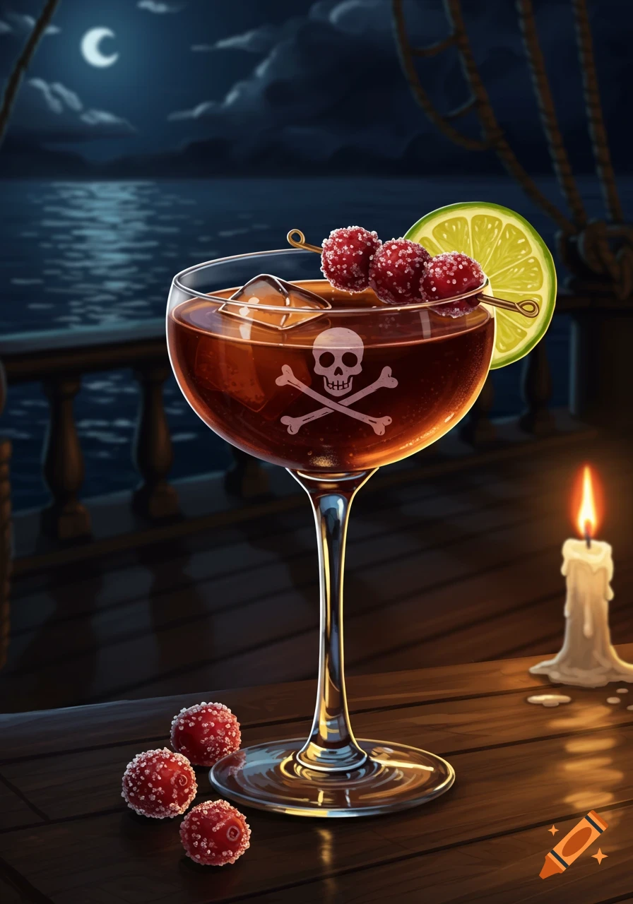 A pirate-themed cocktail with a skull and crossbones symbol on a ship ...
