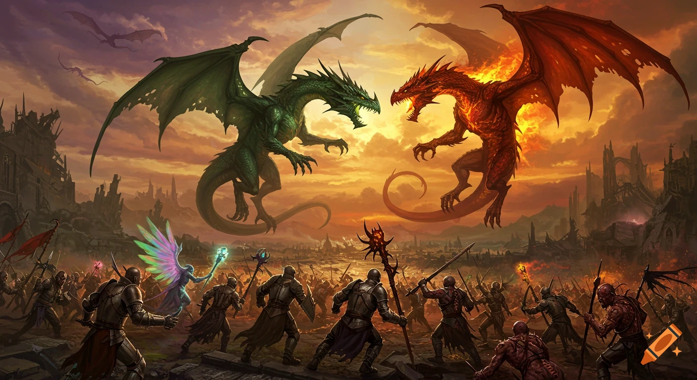 Two giant dragons, one green and one red, fight over a battlefield ...