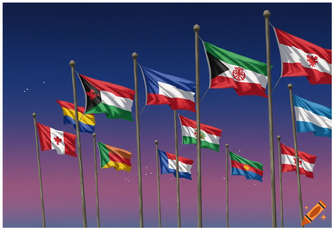 Diverse flags fly from poles against a twilight sky on Craiyon