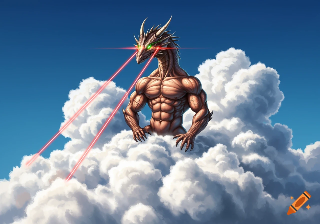 A muscular dragon stands on clouds, shooting red lasers from its ...