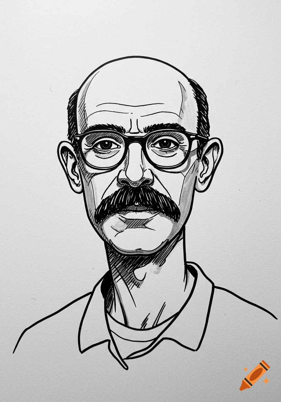 Black and white line drawing portrait of a bald man with a mustache and ...