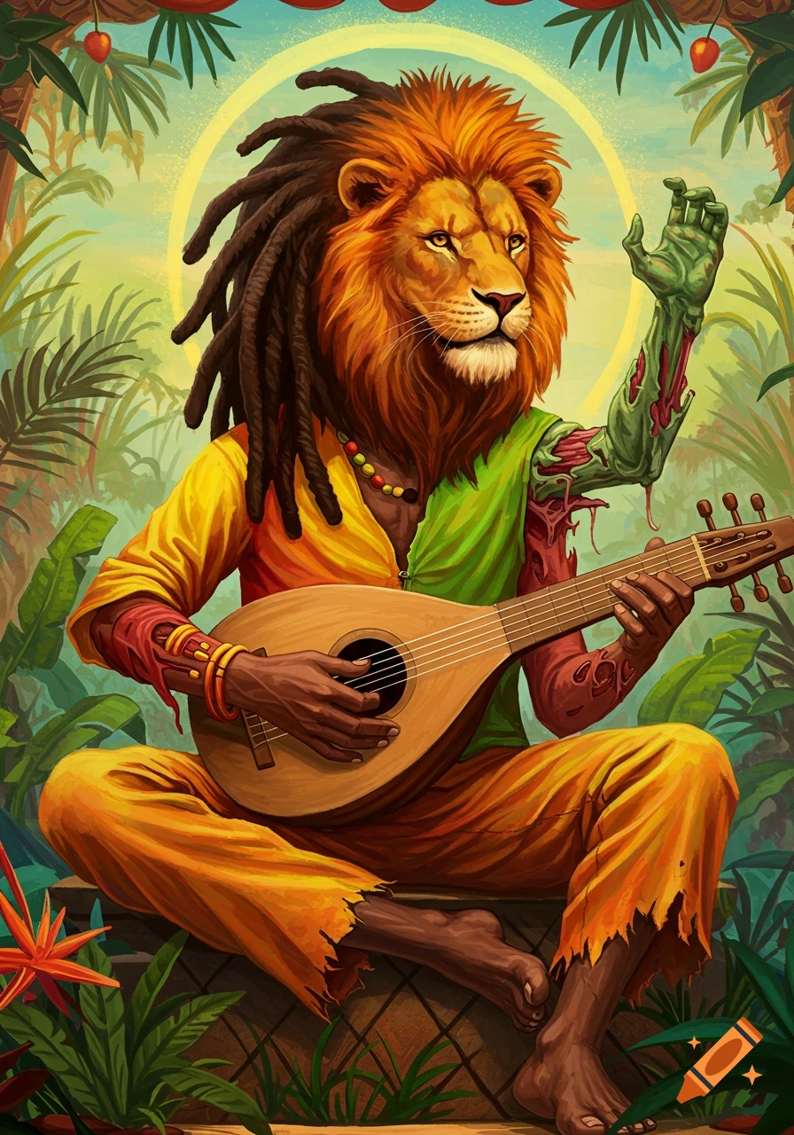 Stylized illustration of a lion-headed rasta creature with a zombie arm ...