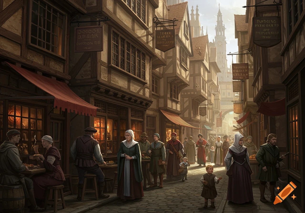 A busy medieval street scene with shops and people. on Craiyon