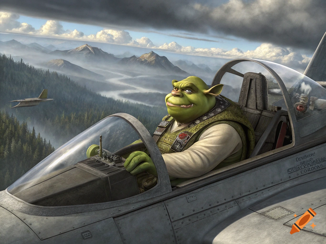 Shrek pilots a fighter jet over misty mountains on Craiyon