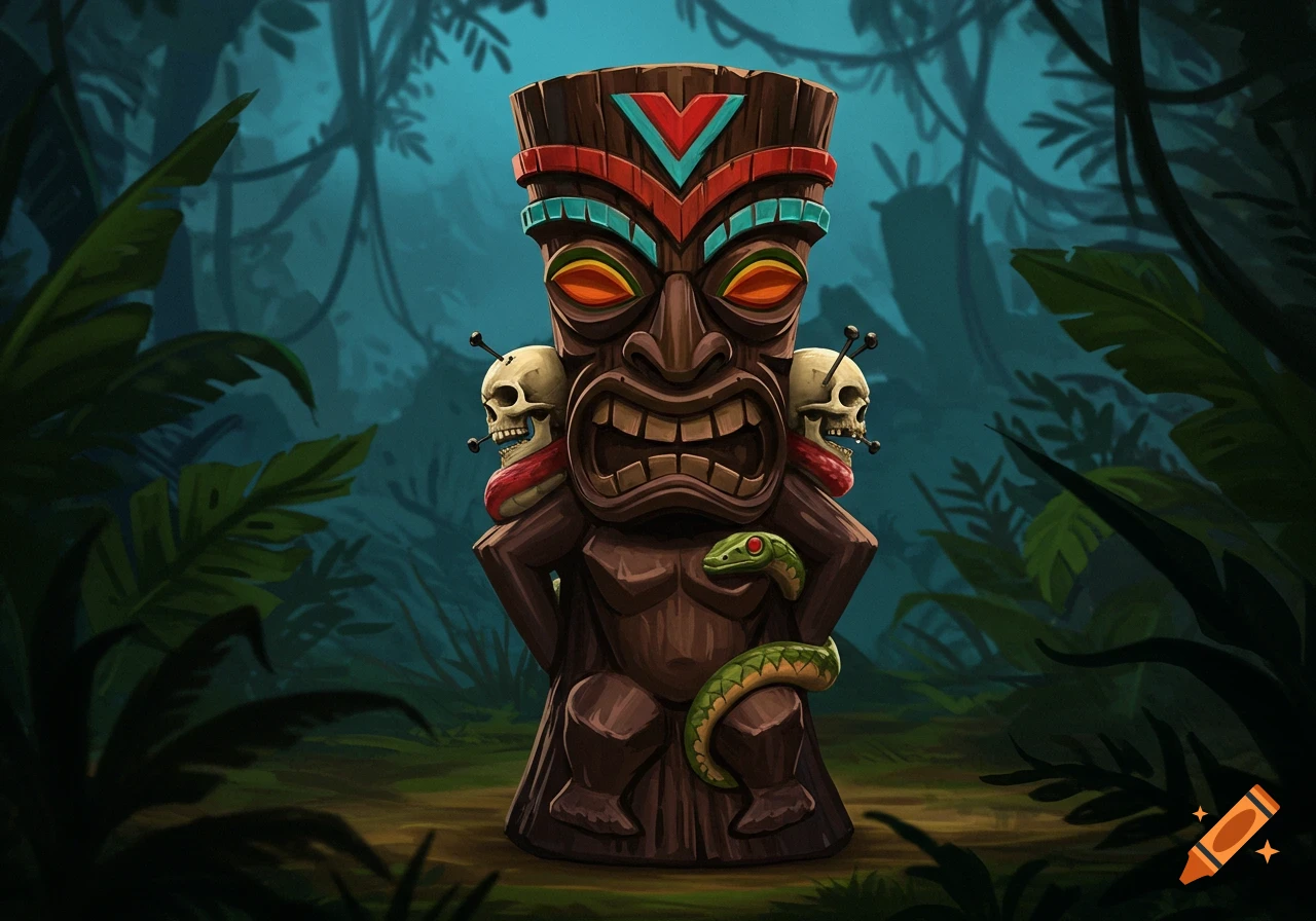 A stylized tiki statue with skulls and a snake stands in a dark jungle ...