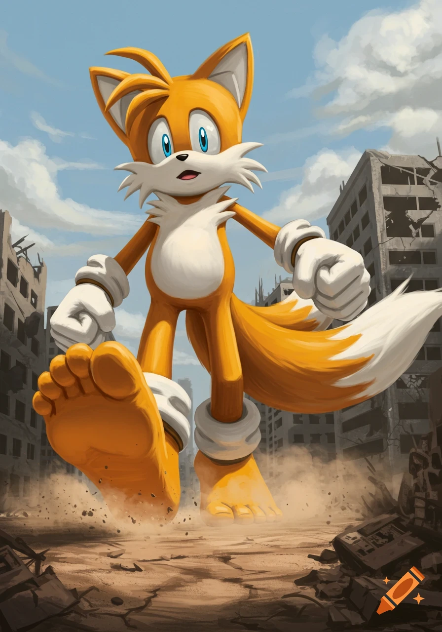 Giant Tails the Fox walks barefoot through a ruined city, kicking up ...