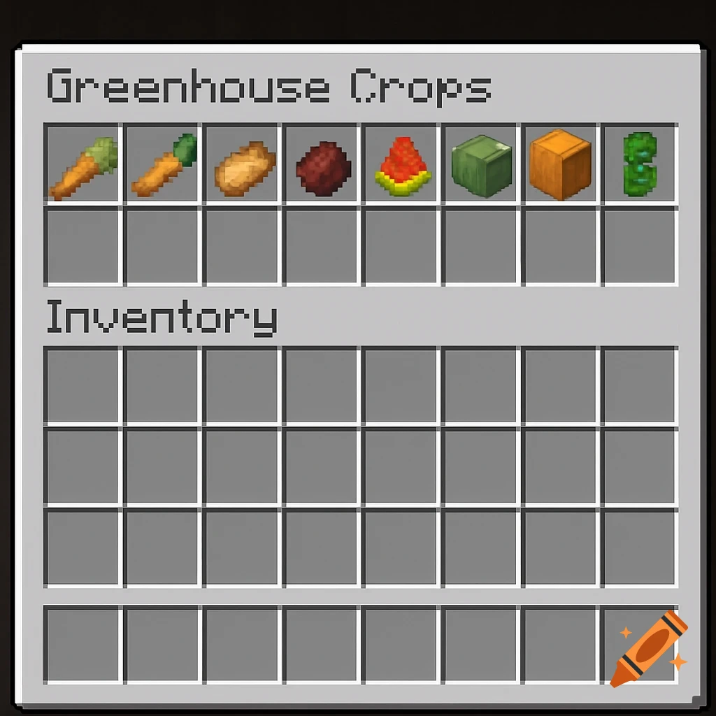 Pixel art image of a Minecraft-style GUI showing 'Greenhouse Crops ...