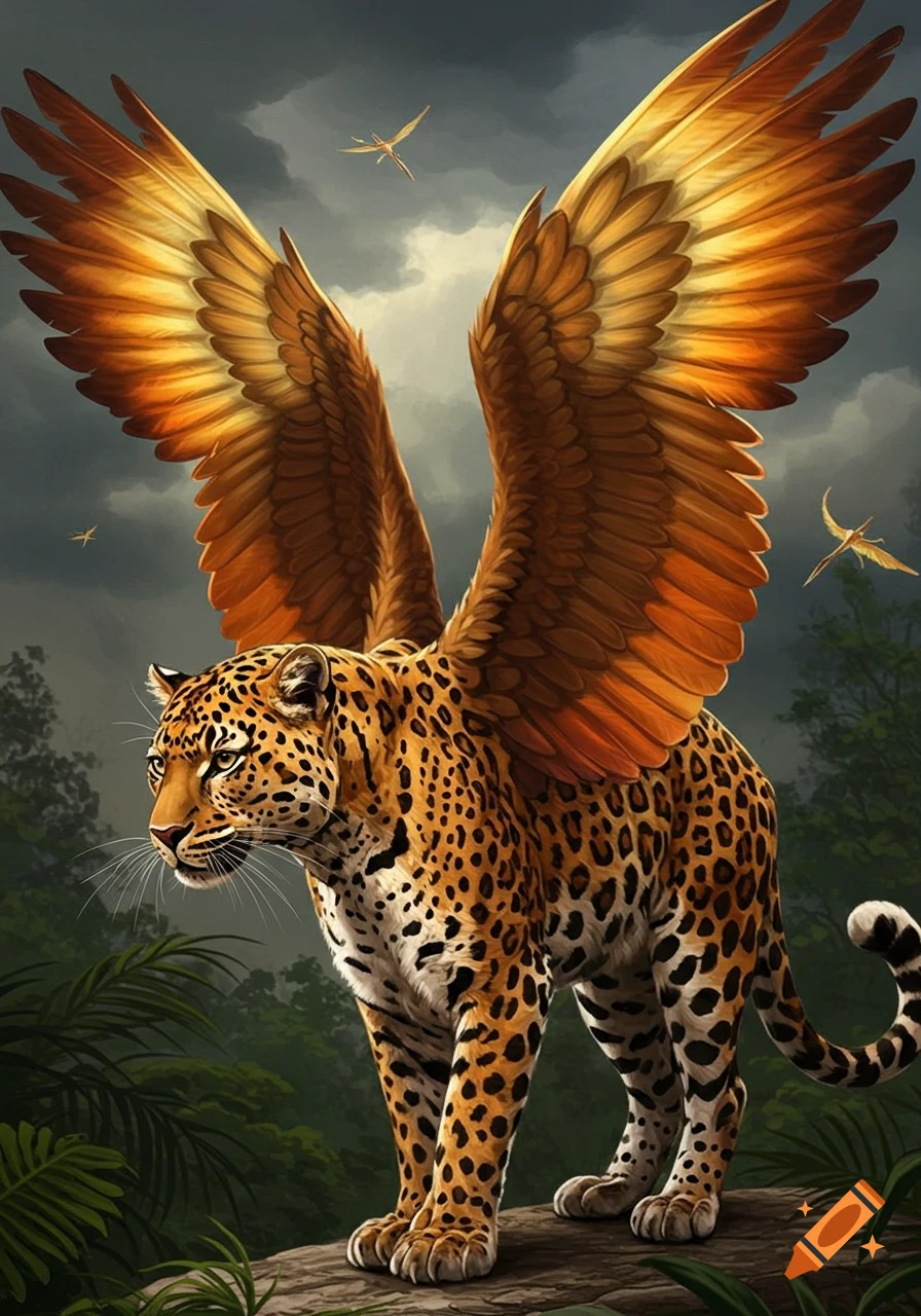 A winged leopard stands on a log in a lush jungle under a cloudy sky ...