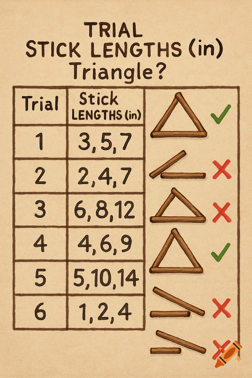 Table showing trial stick lengths and whether they form a triangle ...
