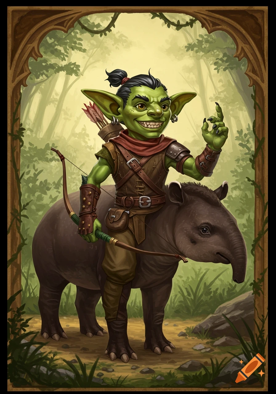 A green goblin ranger with a bow and quiver rides a tapir through a ...