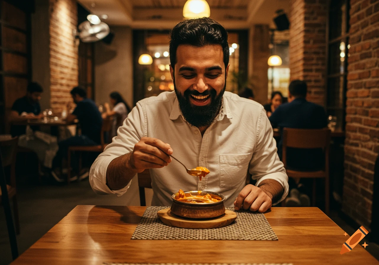 A happy bearded man eating butter chicken in a restaurant. on Craiyon