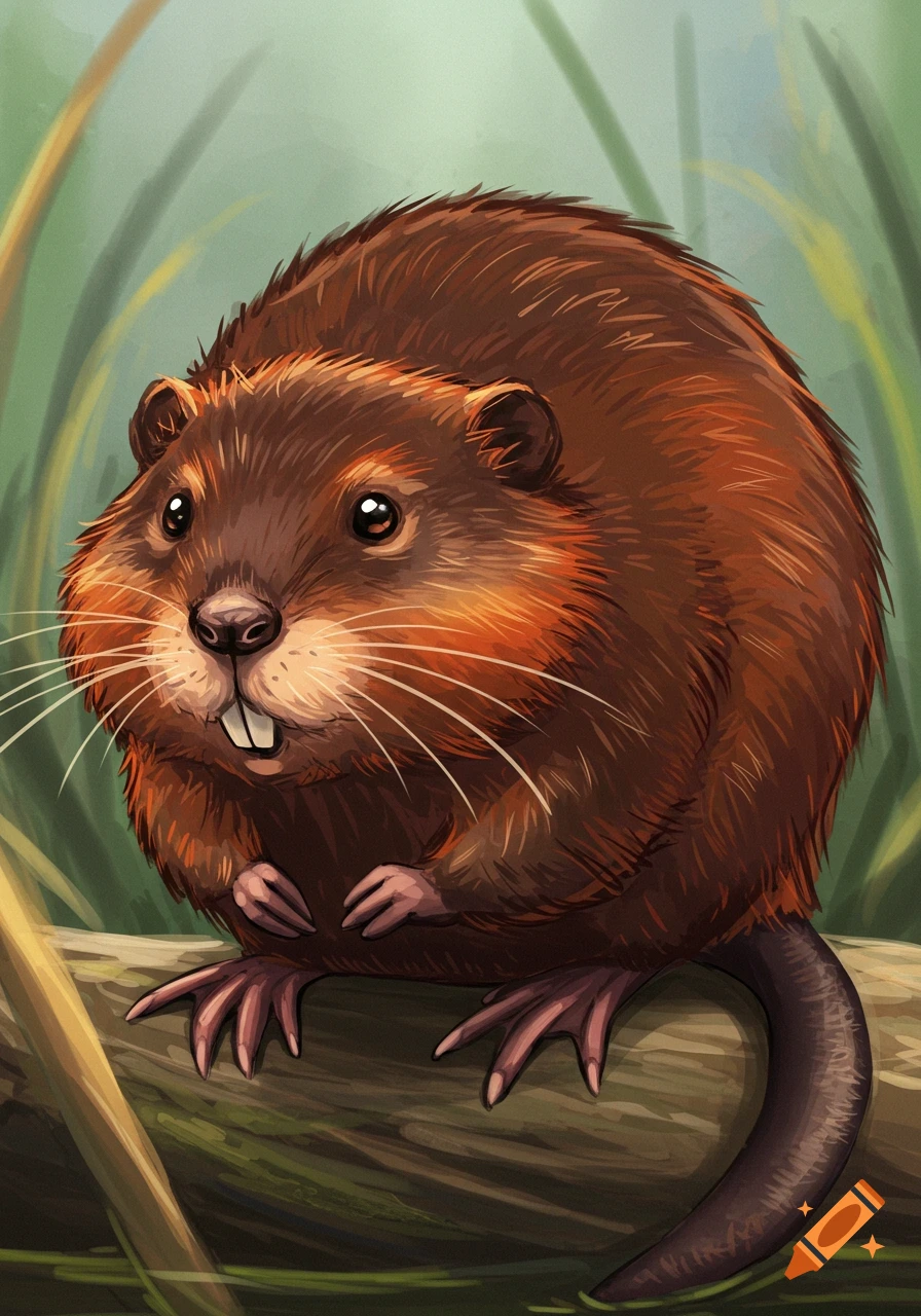 Fluffy brown rodent with large teeth sitting on a log, illustration. on ...