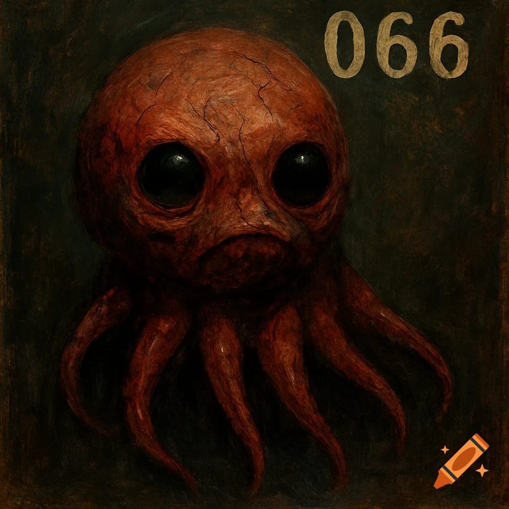 Creepy red creature with tentacles and large eyes, number 066 in dark ...