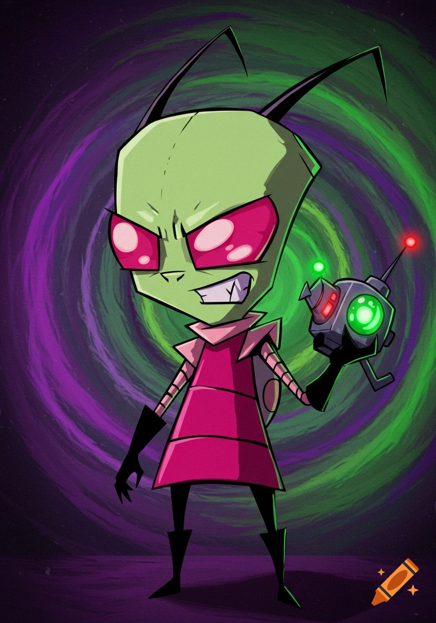 Cartoon drawing of Invader Zim, a green alien with pink eyes, holding a ...