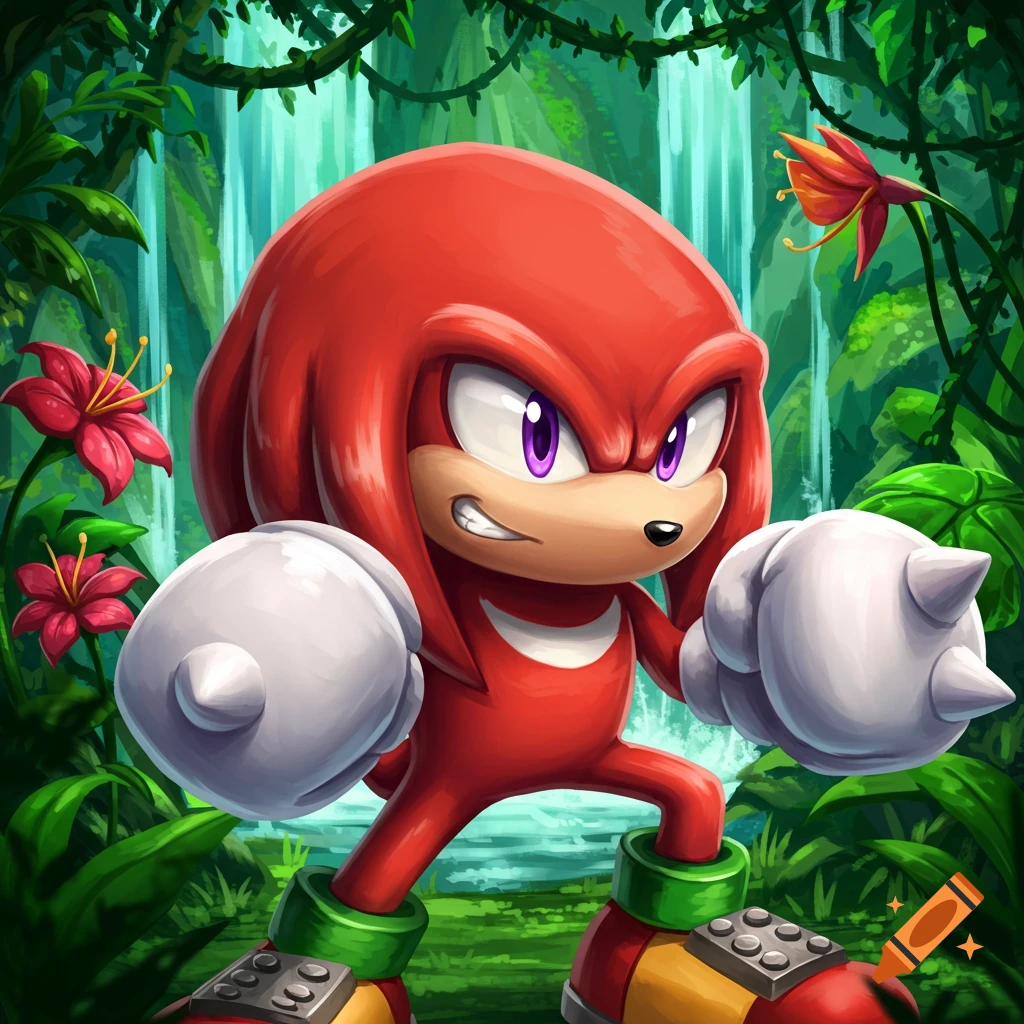 Illustration of Knuckles the Echidna standing in a lush jungle near a ...
