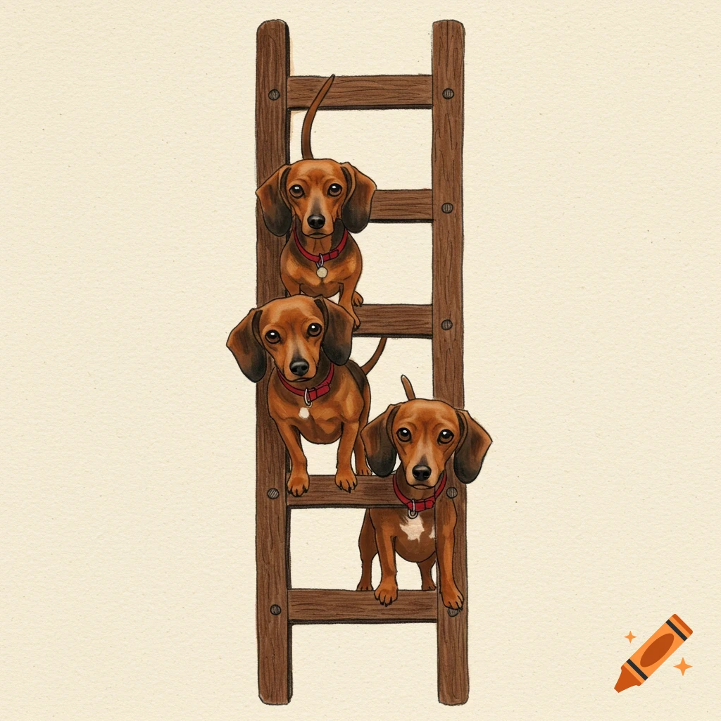 Three dachshund dogs climb a wooden ladder in an illustration. on Craiyon