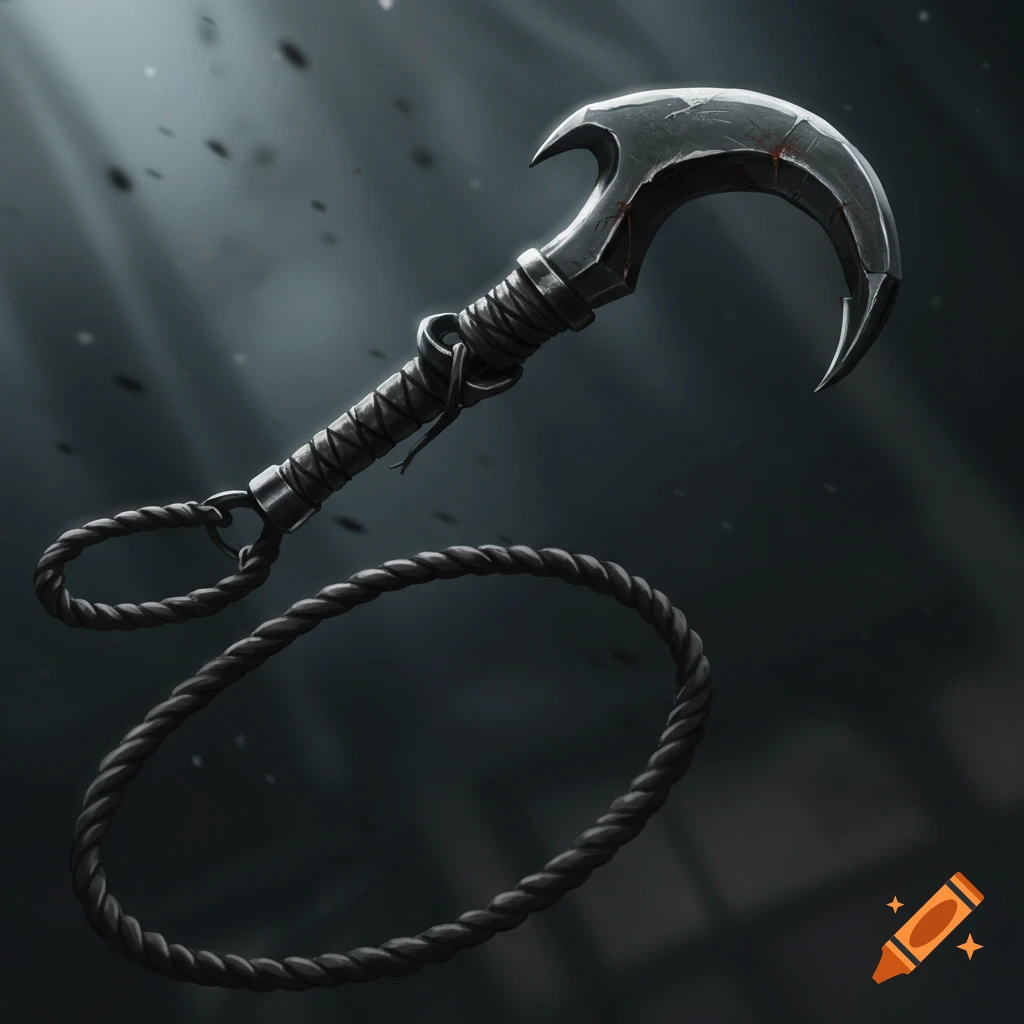 A stylized ninja grappling hook with a sharp curved blade and thick ...
