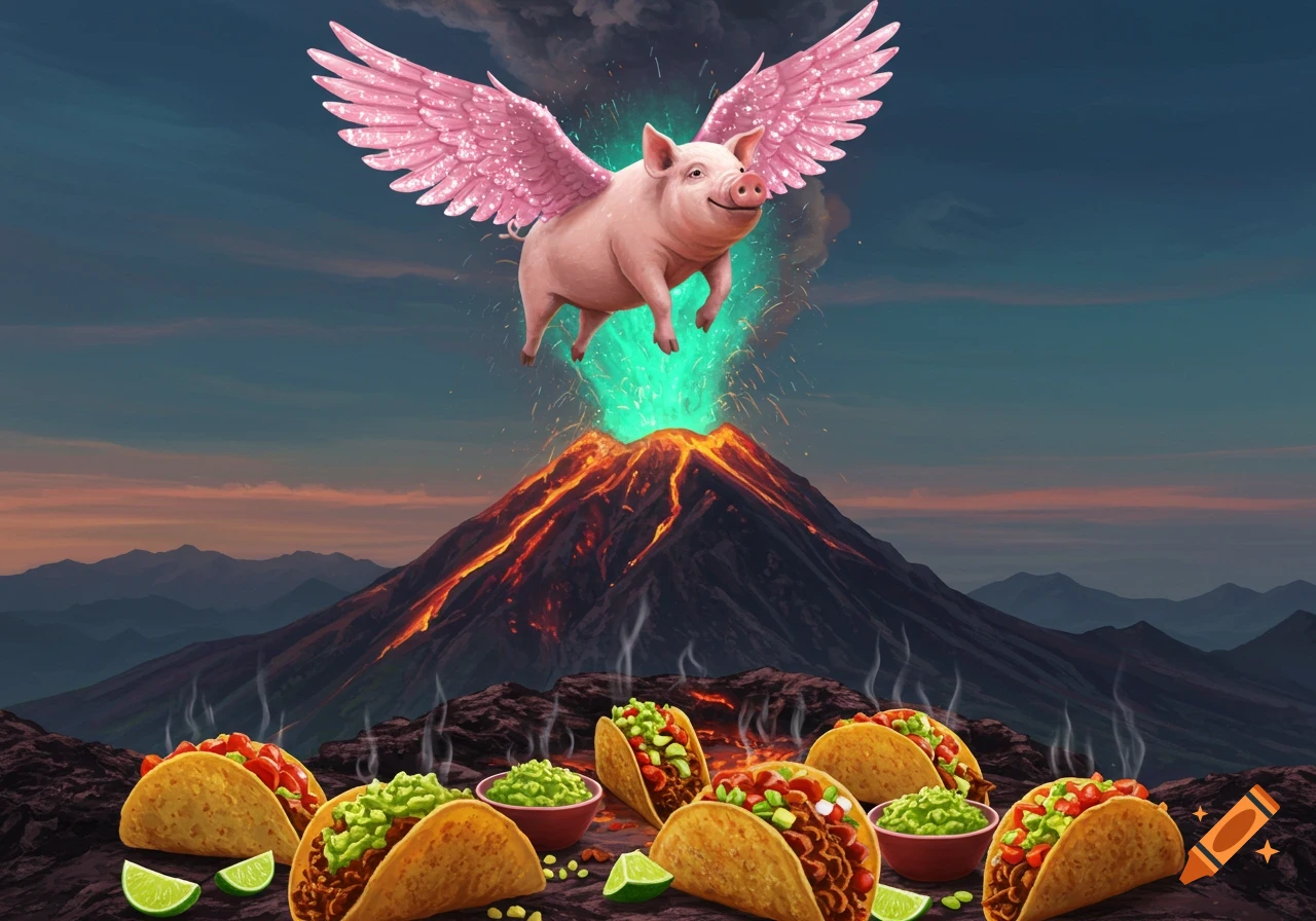 An illustration of a flying pig with pink wings over a volcano erupting ...