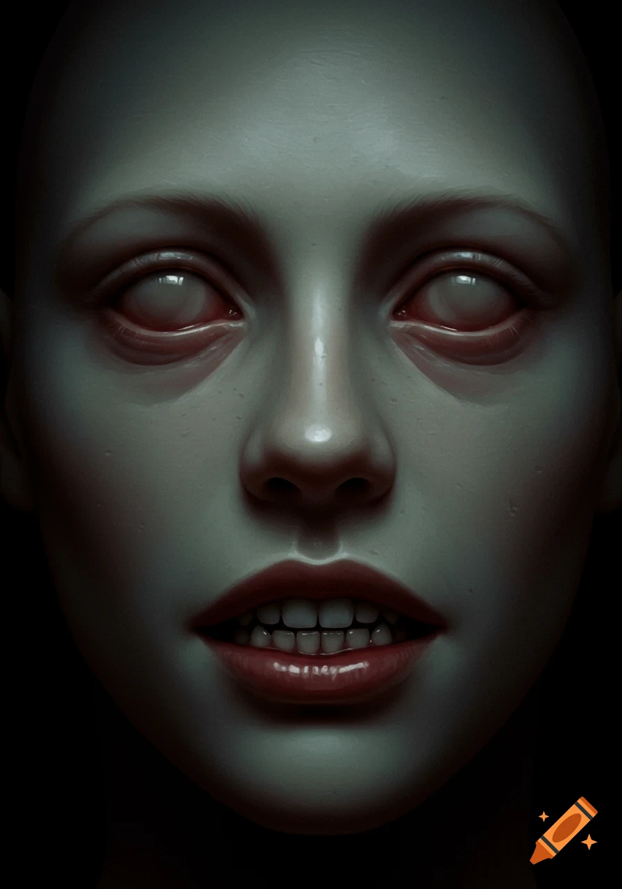 Close-up portrait of an unsettling face with blank white eyes. on Craiyon