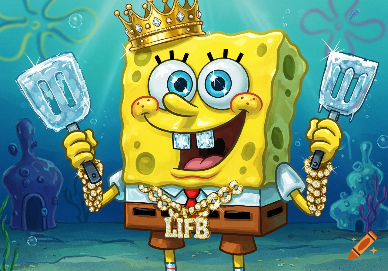 Spongebob Squarepants wearing a crown and diamond chains, holding ...
