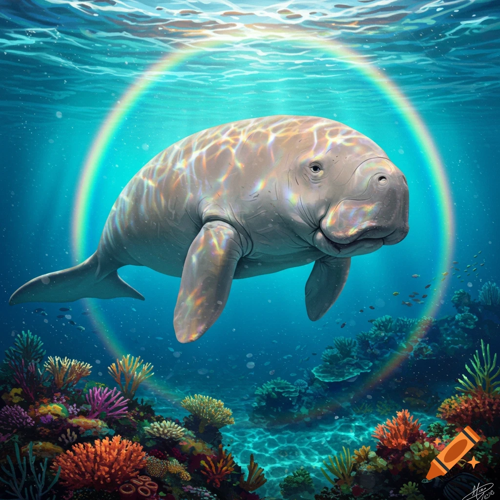 A dugong swims underwater near coral reefs, surrounded by a rainbow. on ...