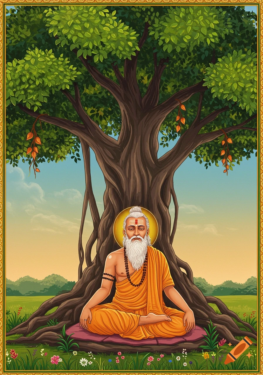 Illustrated sage meditating under a large tree in a landscape on Craiyon