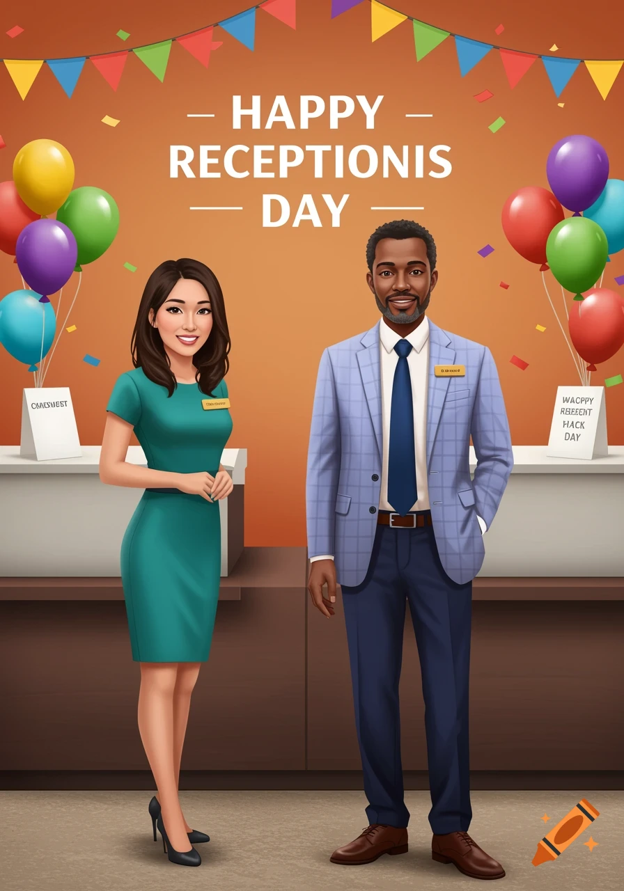 Two receptionists stand by desks under "Happy Receptionis Day" banner ...